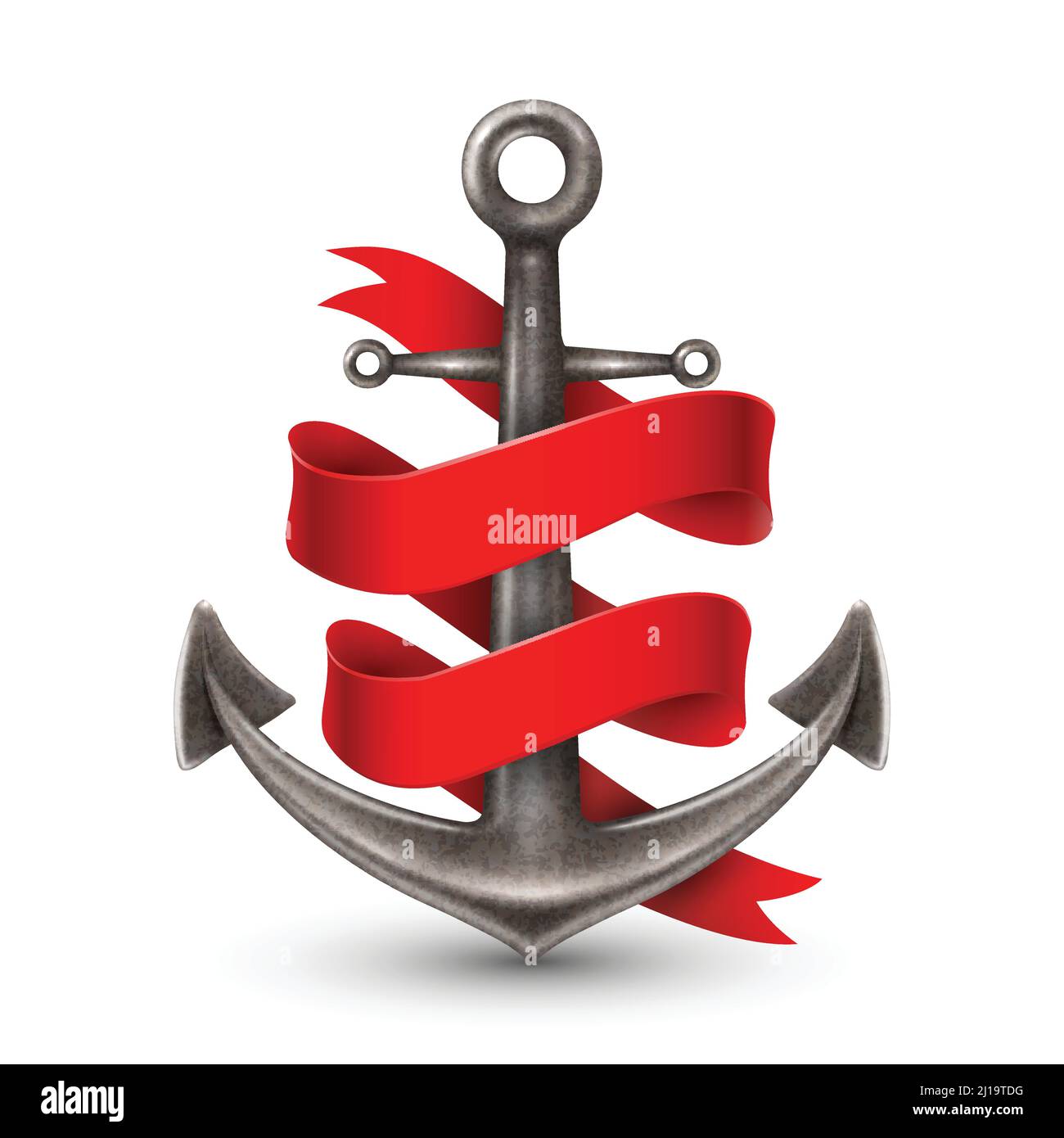 Realistic anchor with metal texture rings and red ribbon around on ...