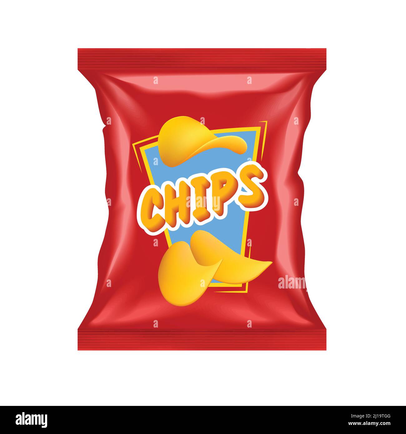 Realistic red chips package with snack label isolated with shadows and ...