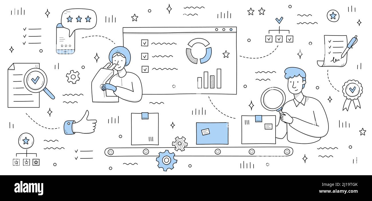 Quality control background with doodle checklist, guarantee badge ...