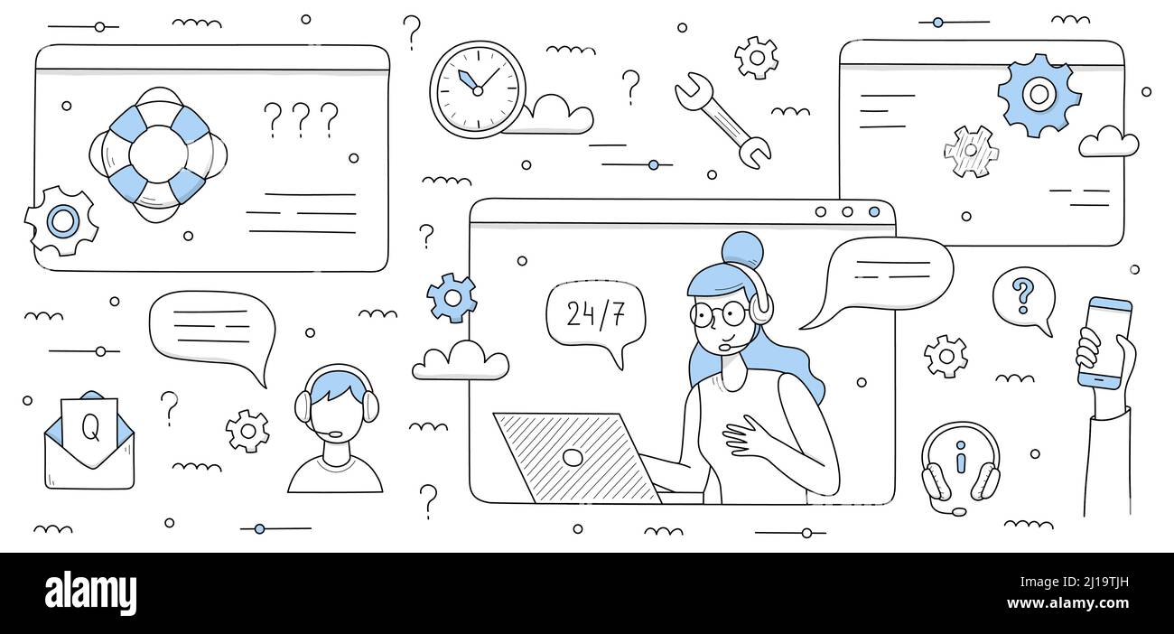 Customer support doodle concept with call center hotline operator ...