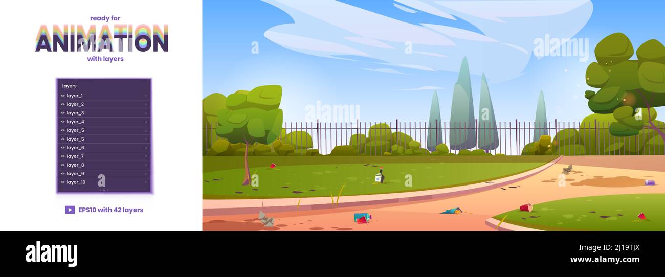 Dirty city park with scatter garbage cartoon background for game ...