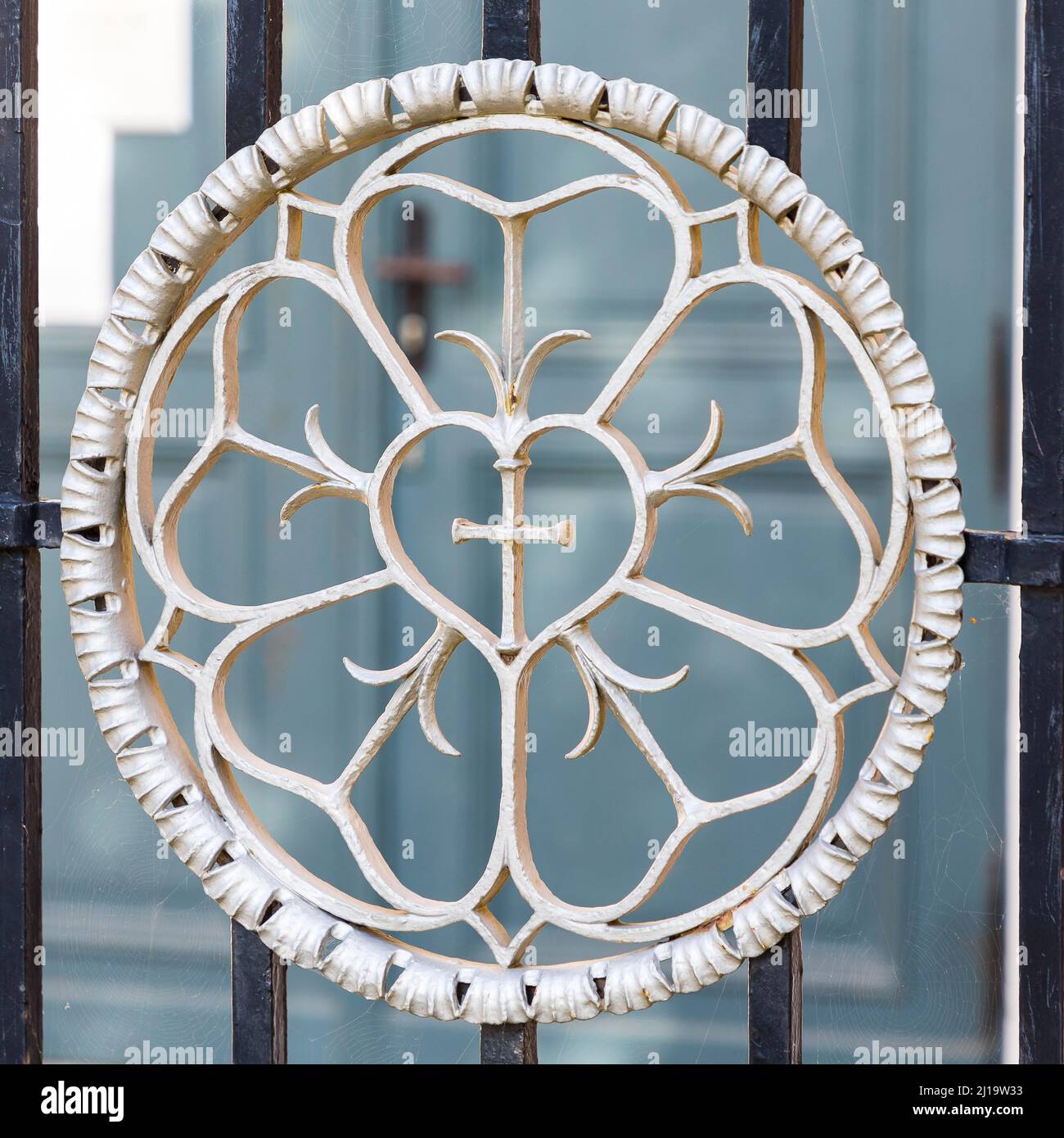 Luther rose in the wrought-iron gate in front of the Georgenkirche ...