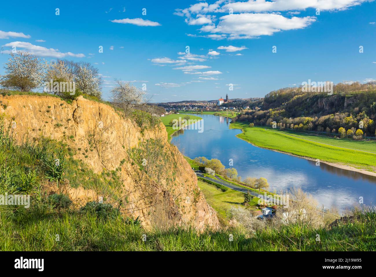 Elbe valley slopes with old quarry, view into the Elbe valley with Elbe ...