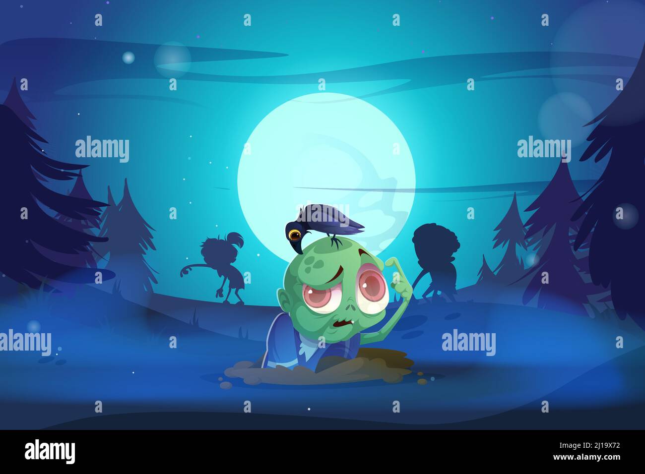 Zombie rise from the grave Halloween creepy scene. Funny cartoon ...