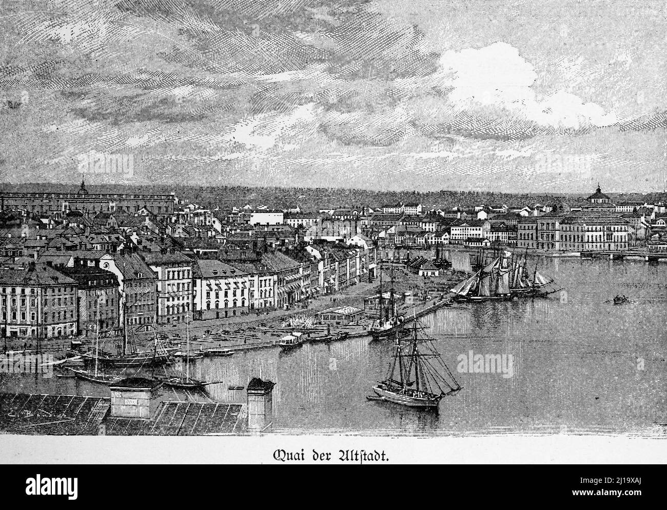 Old town from above with quay, Scandinavia, historical illustration ...