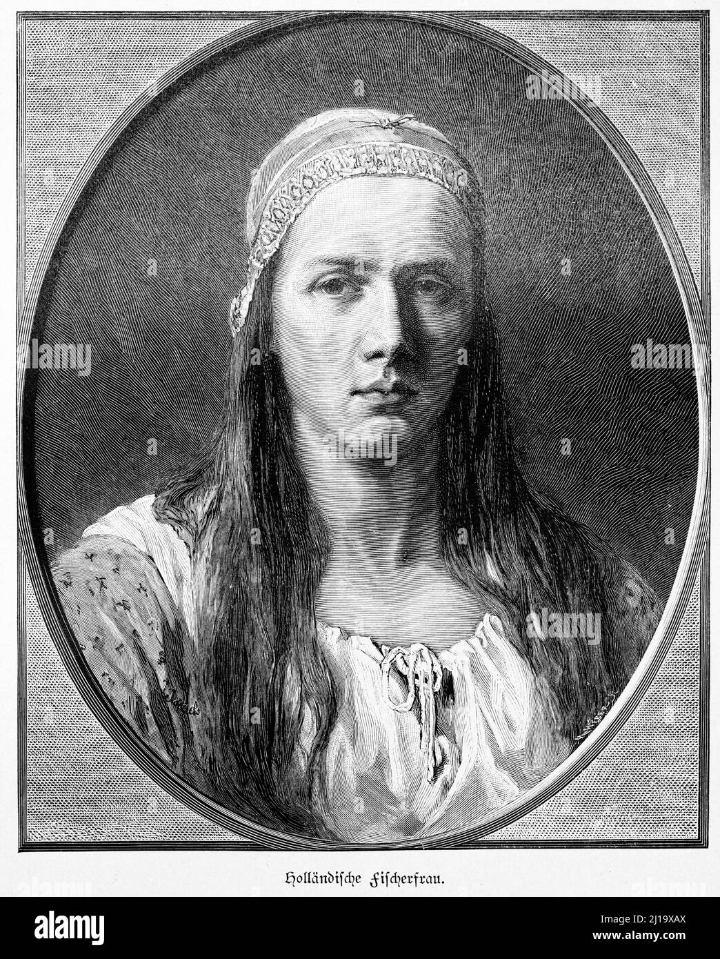 Dutch fisherwoman, from front, head scarf, long black hair, serious ...