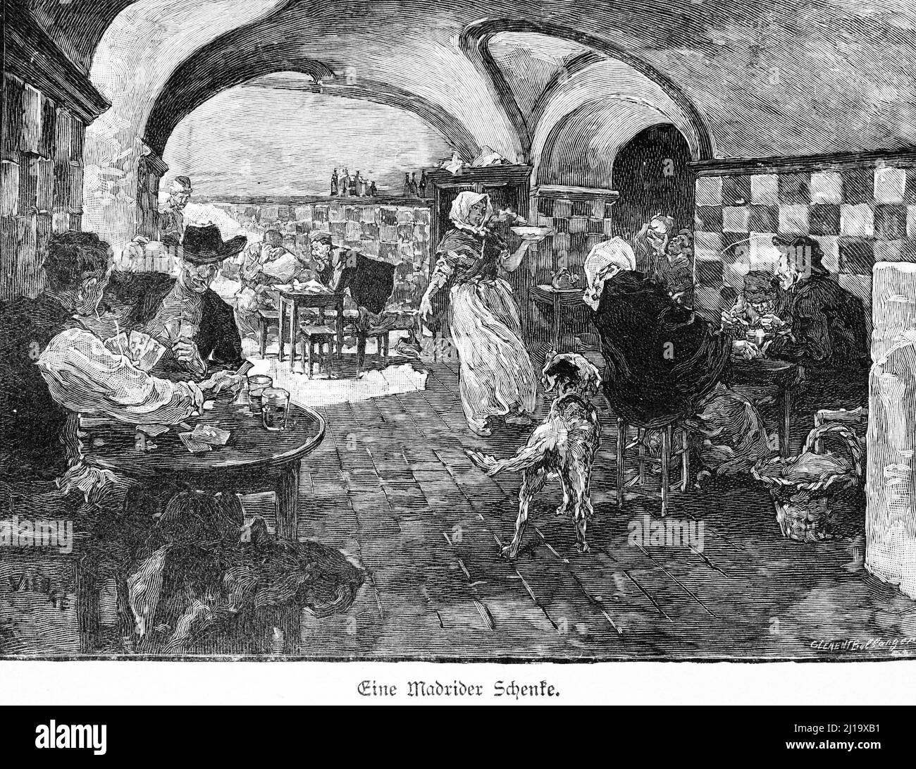 Interior with vault, folkloric restaurant, guests drinking, Madrid ...