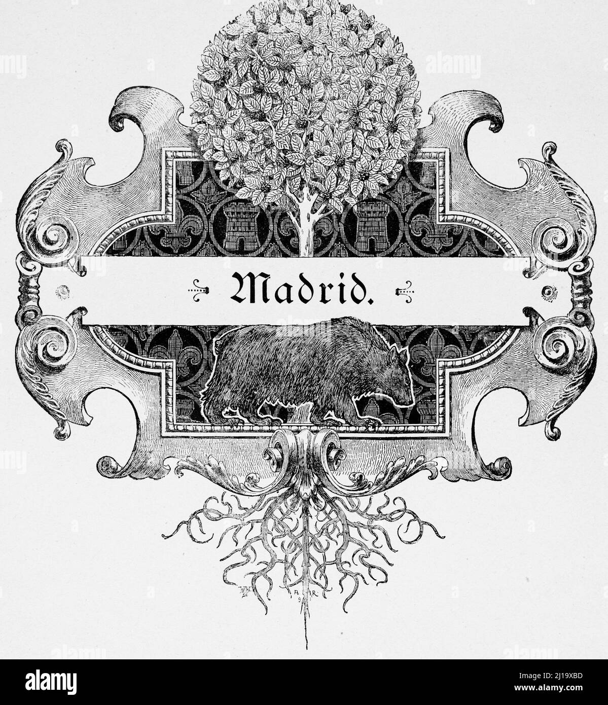Emblem with inscription, tree, bears and fortified towers, Madrid ...