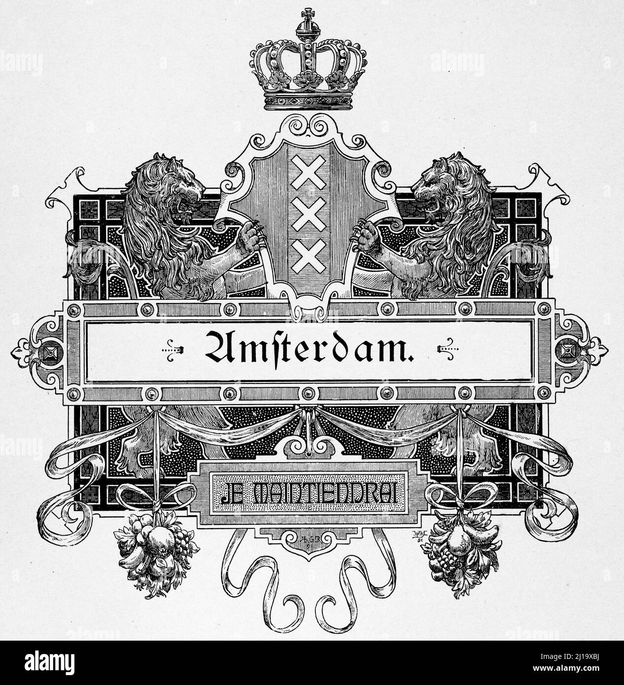 Emblem, lions, crown, ornaments, Amsterdam, Netherlands, historical ...