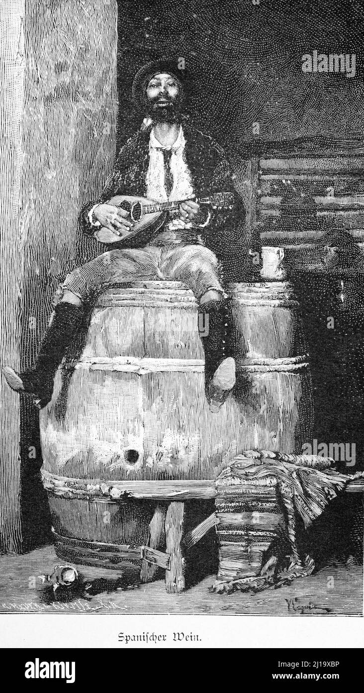 Spanish wine, singing musician, wine barrel, Madrid, Spain Stock Photo ...