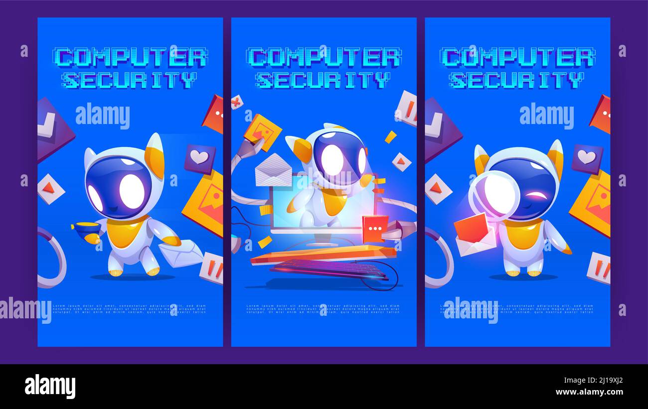 Computer security cartoon posters, cute bot on computer monitor screen ...