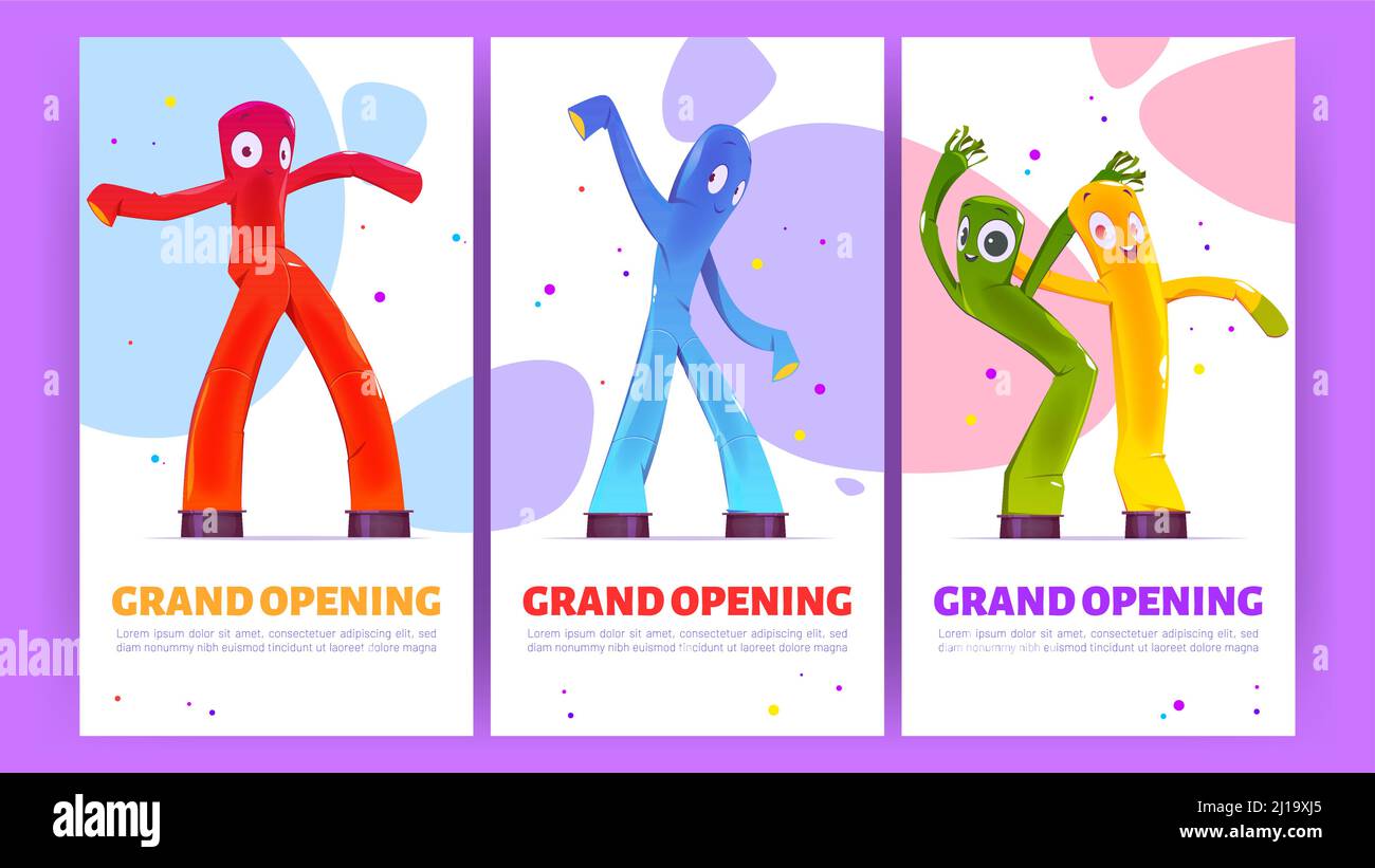 Grand opening promo posters with inflatable figures, dancing colorful ...