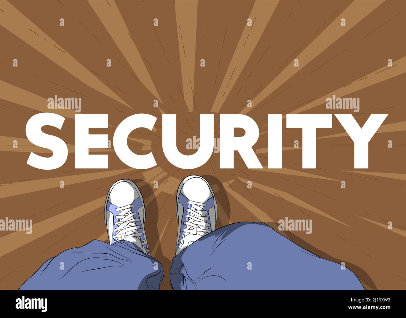 Comic book illustrated vector image of legs in boots on Security word ...