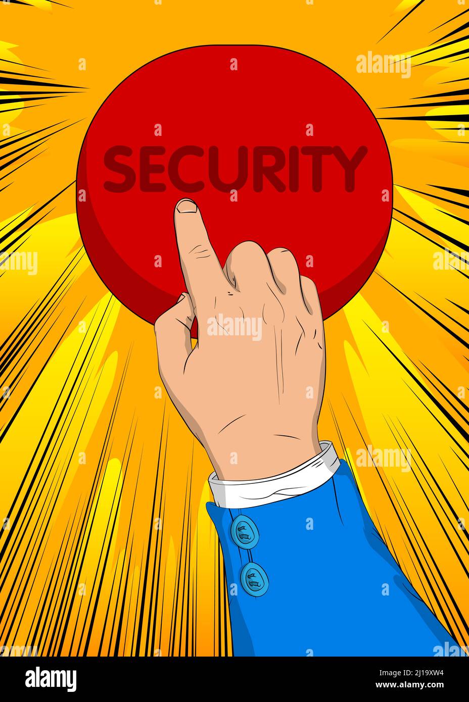 Businessman pushing Security button with his index finger. Comic book ...
