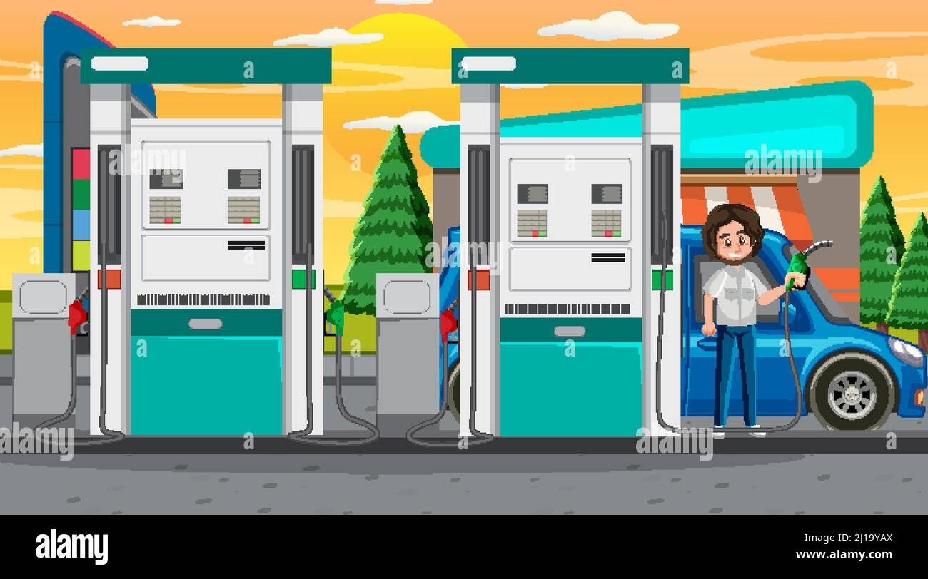 Gas station cartoon scene illustration Stock Vector Image & Art - Alamy