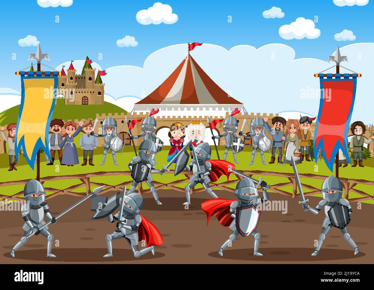 Outdoor scene with medieval knights with villagers illustration Stock ...