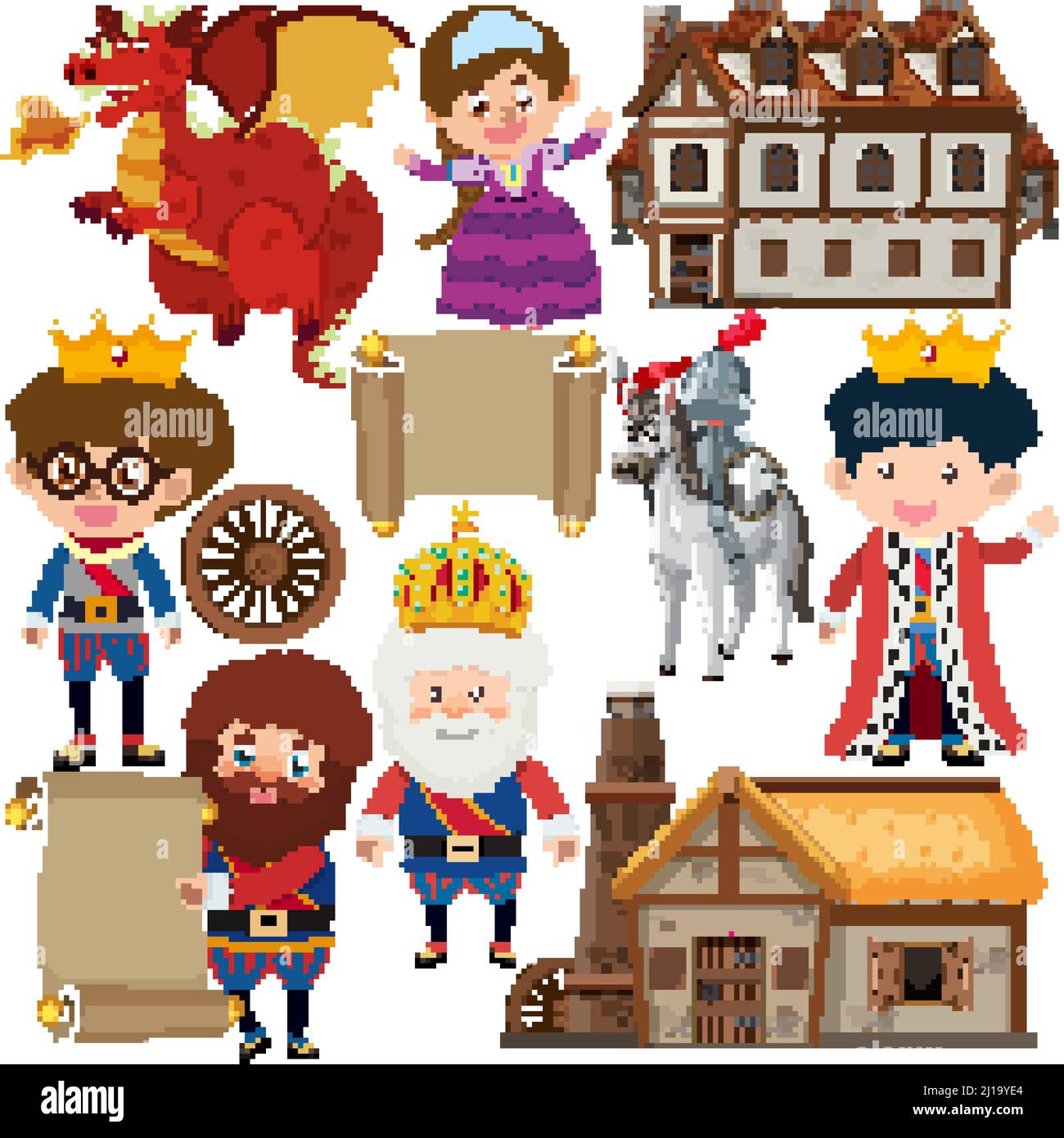 Medieval characters buildings set illustration Stock Vector Image & Art ...