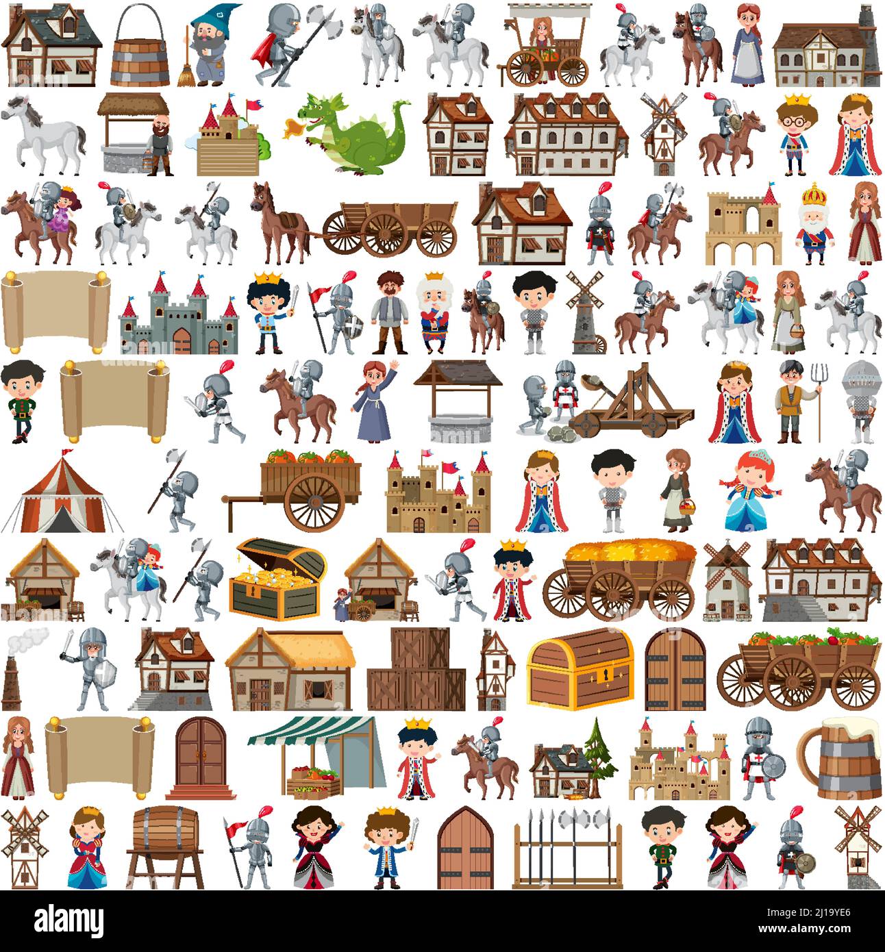 Medieval characters buildings set illustration Stock Vector Image & Art ...