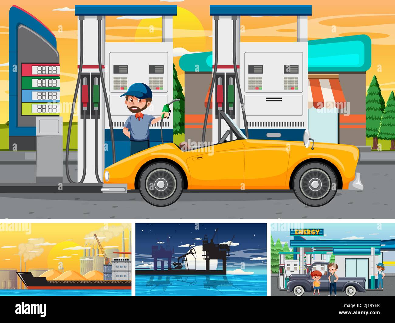 Set of oil petrol and gas relevant scene illustration Stock Vector ...