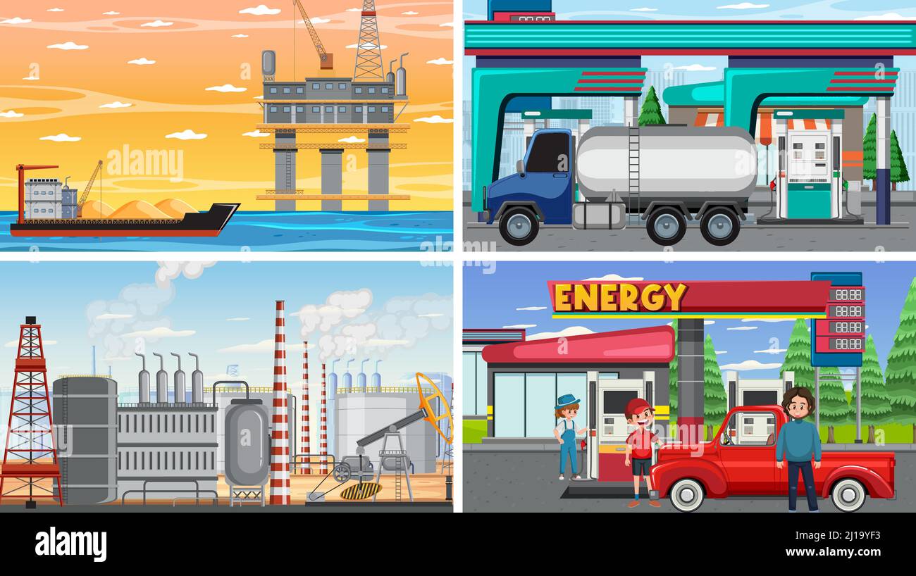 Set of oil petrol and gas relevant scene illustration Stock Vector ...