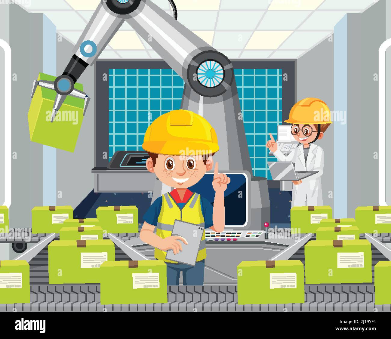 Automation industry concept with assembly line robots illustration ...