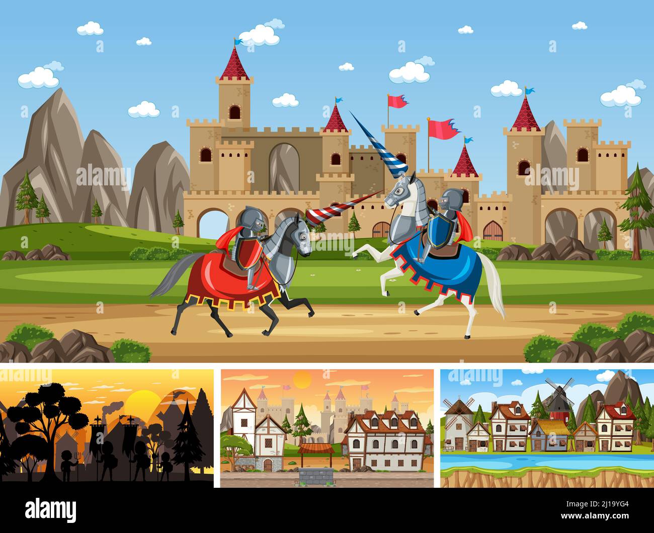Set of different scene medieval with silhouette illustration Stock ...