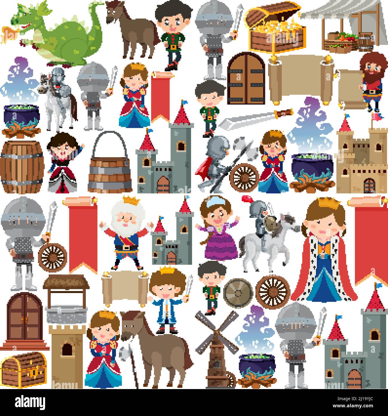Medieval characters buildings set illustration Stock Vector Image & Art ...