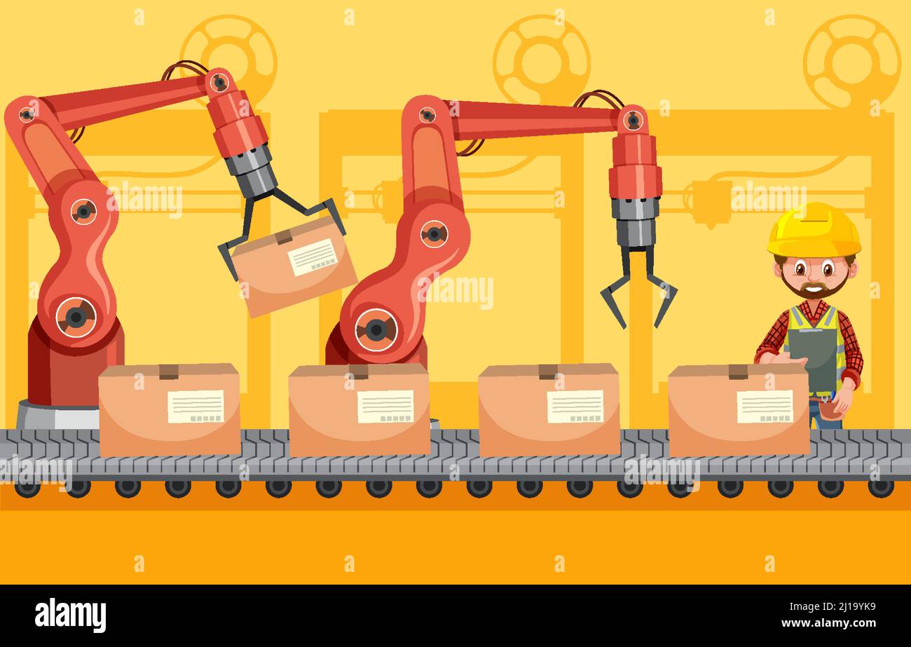 Automation industry concept with assembly line robots illustration ...