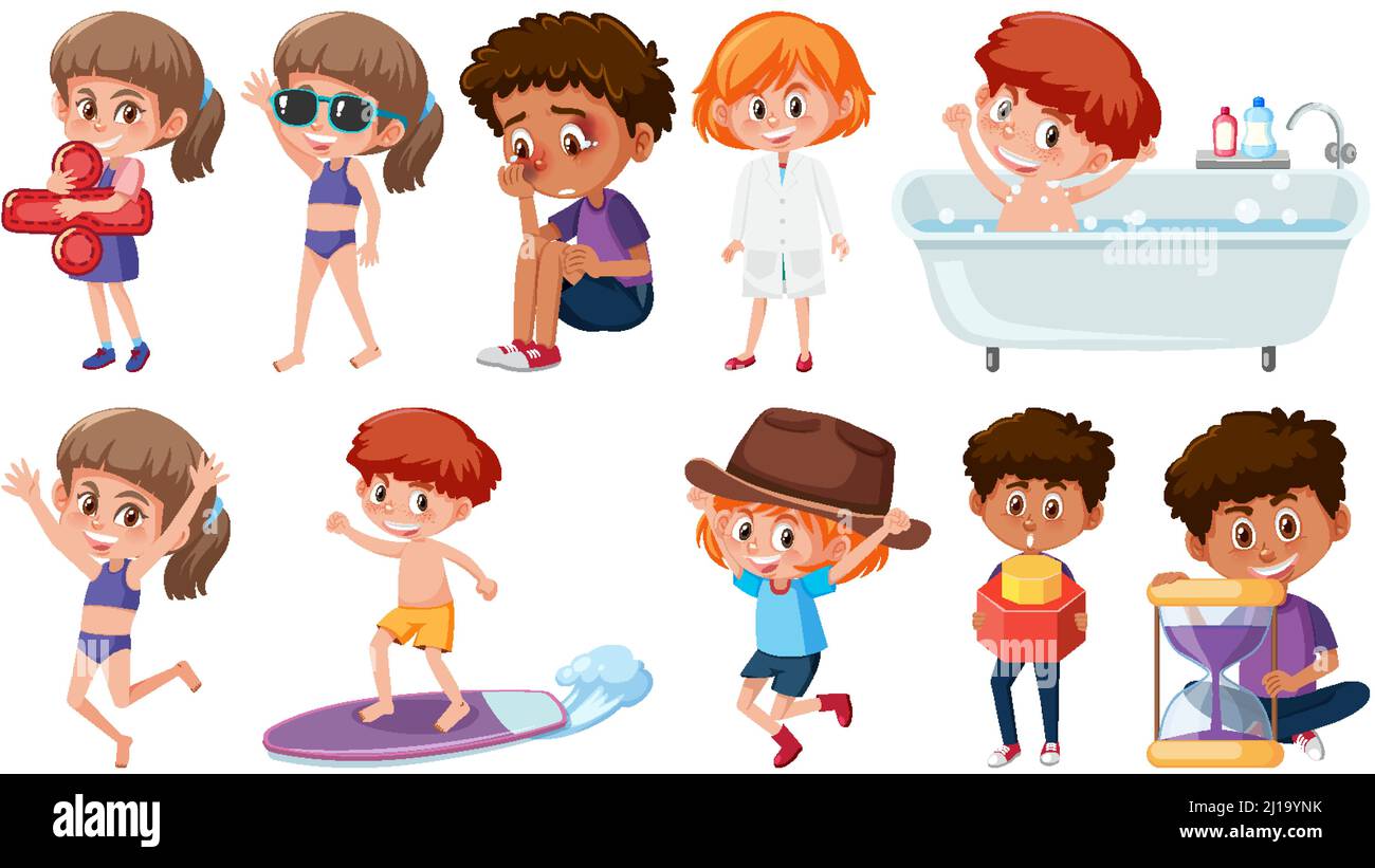 Set of children doing different activities on white background ...