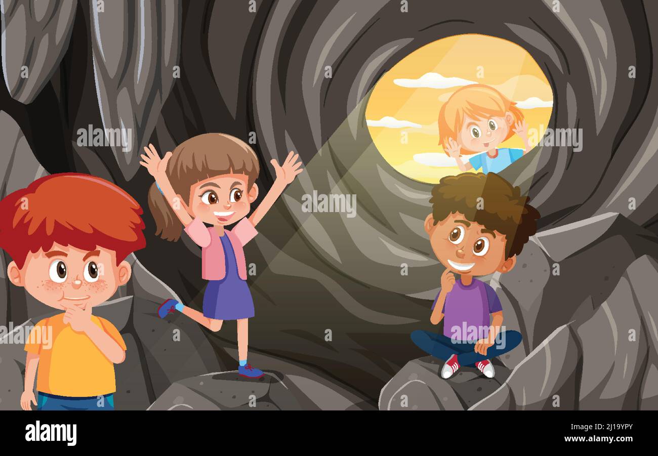 In cave scene with children exploring cartoon character illustration ...