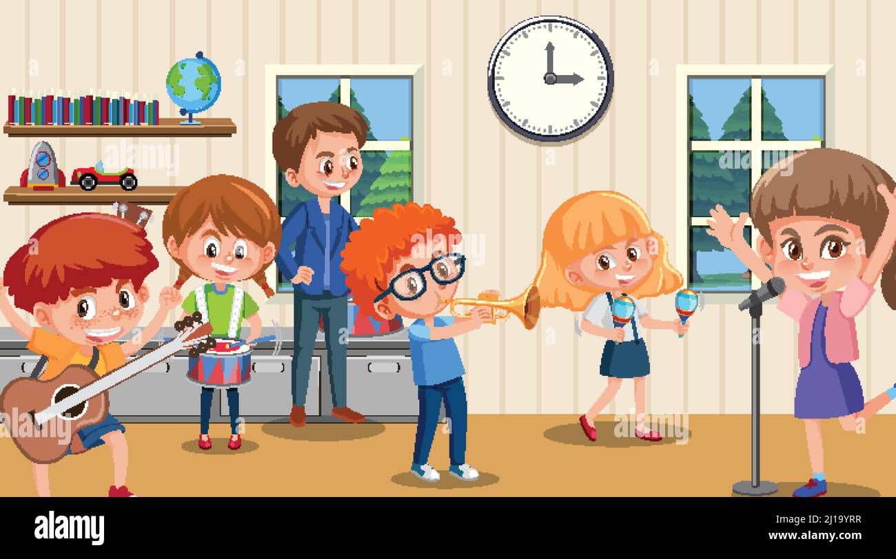 School music classroom with student kids illustration Stock Vector ...