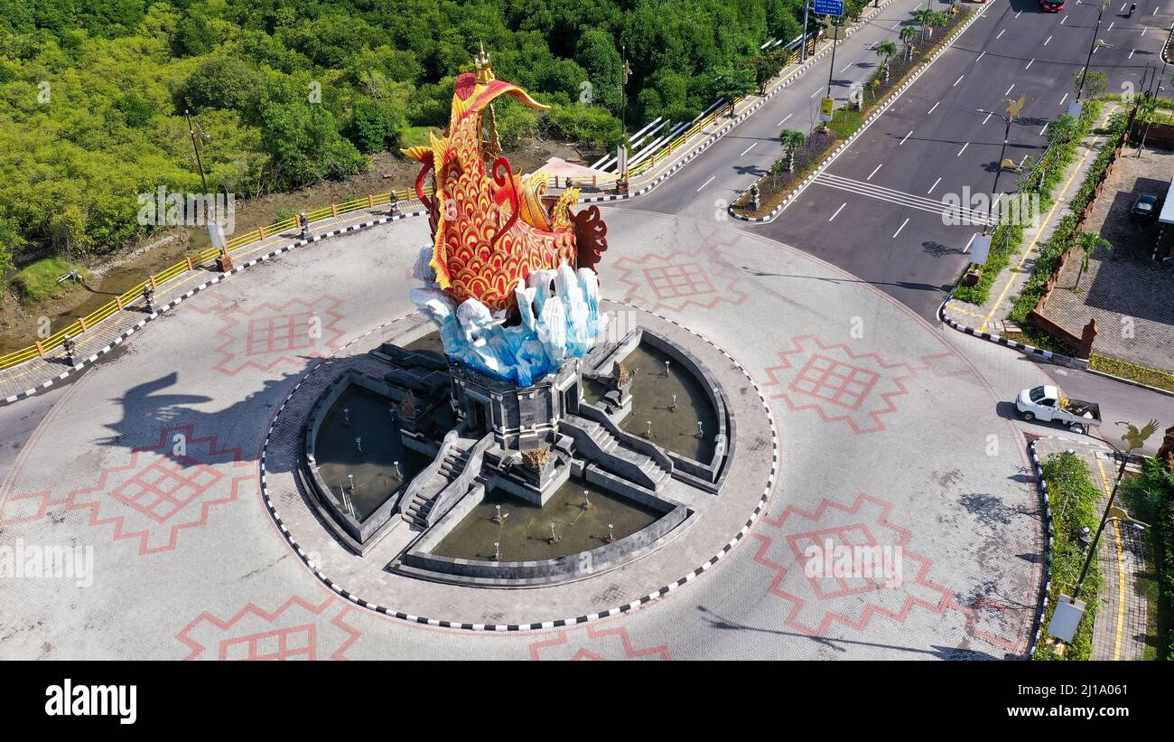 Aerial roundabout with fish statue with barong head in Pelabuhan Benoa ...