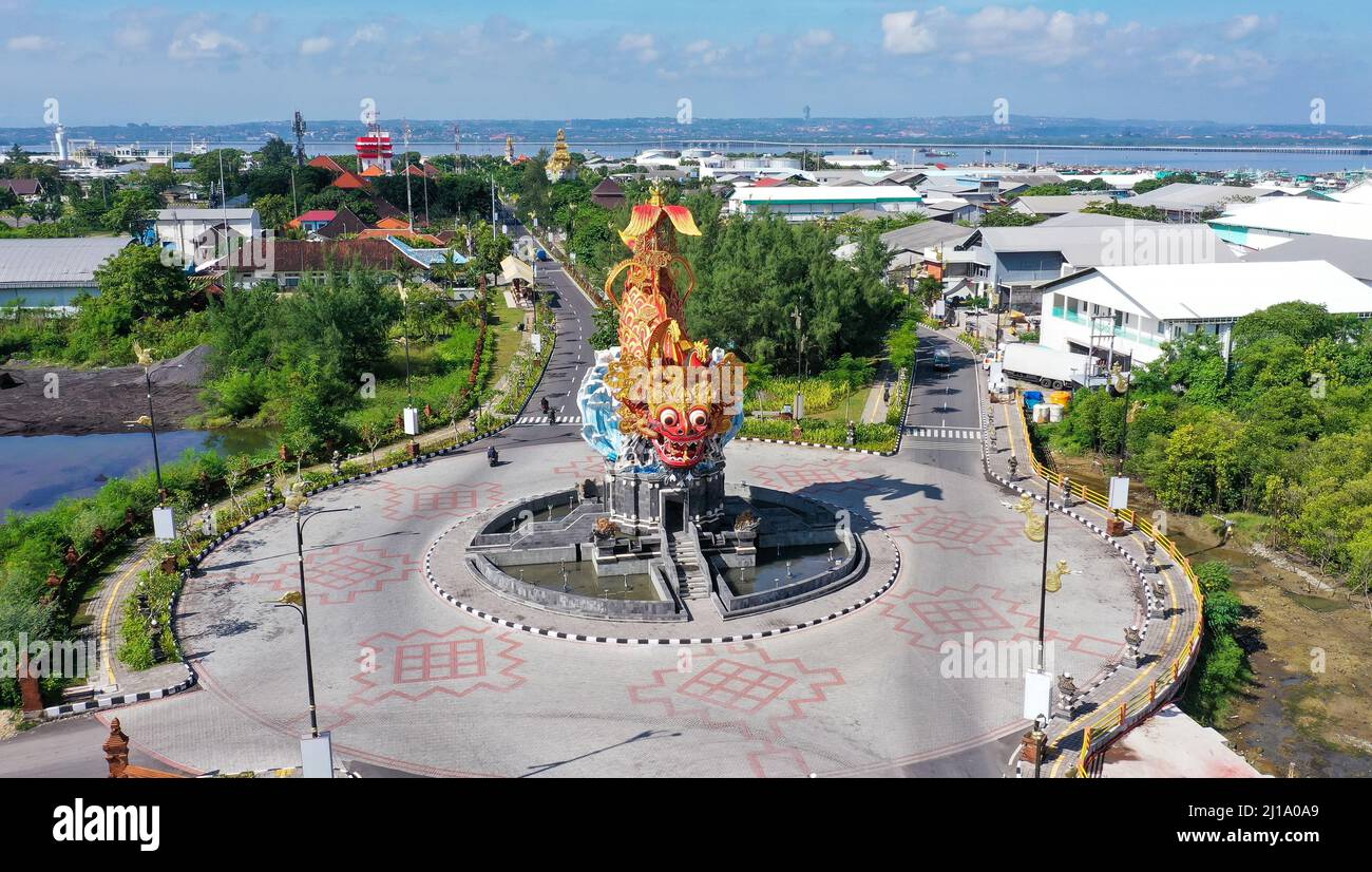 Aerial roundabout with fish statue with barong head in Pelabuhan Benoa ...