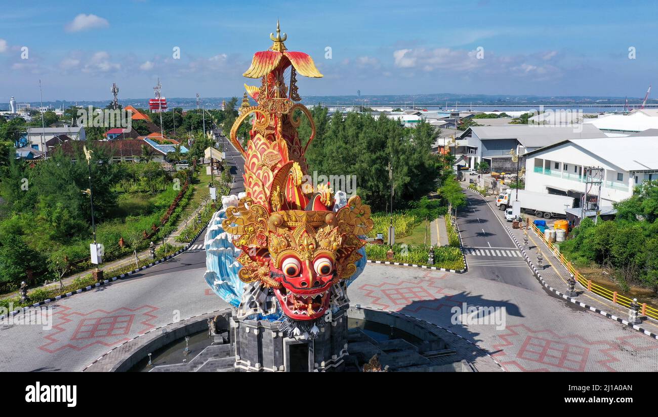 Aerial roundabout with fish statue with barong head in Pelabuhan Benoa ...