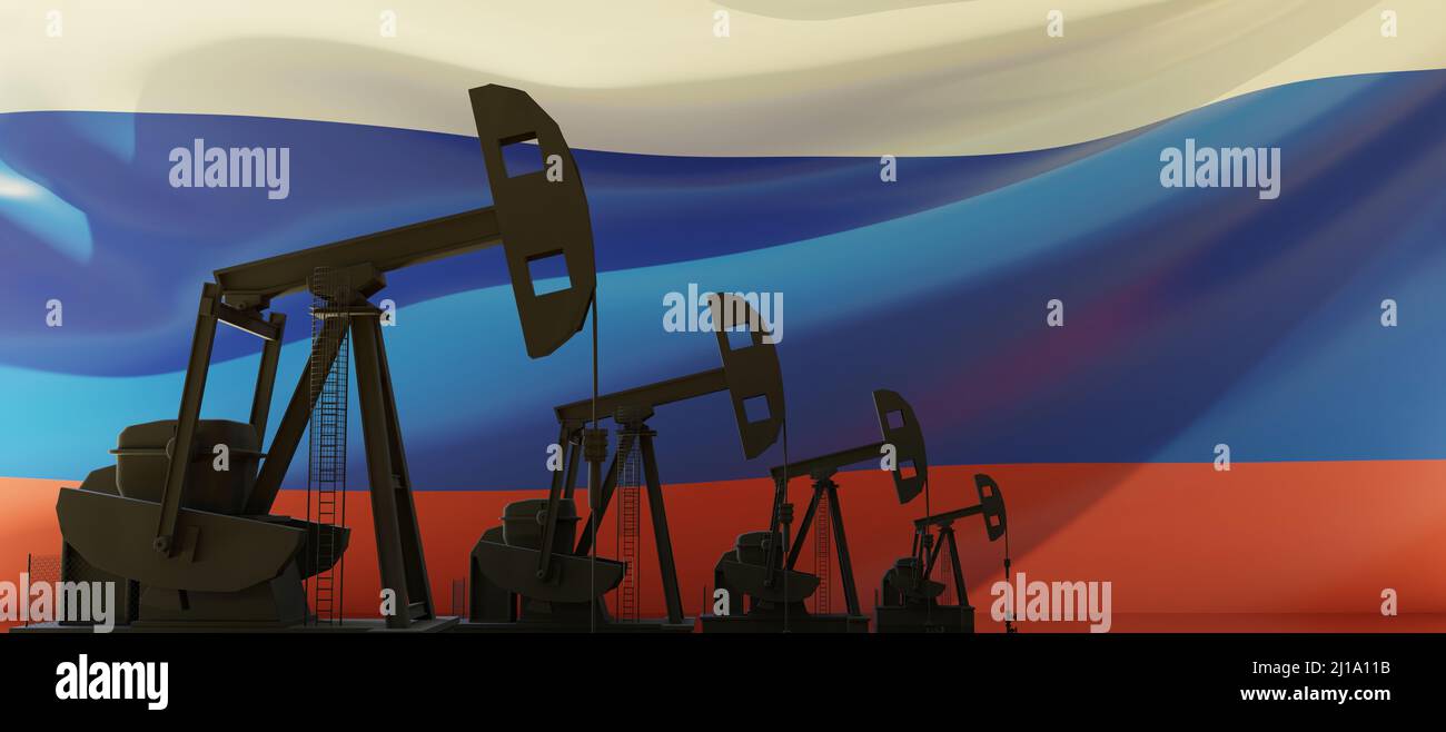Oil and gas production in Russia. Pumpjack drilling on Russian flag ...