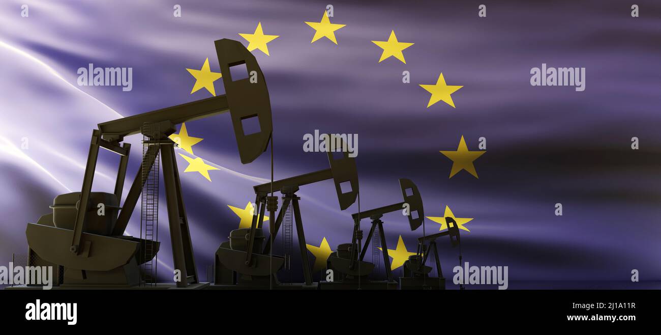 Oil and gas production in EU. Pumpjack drilling on European Union flag ...