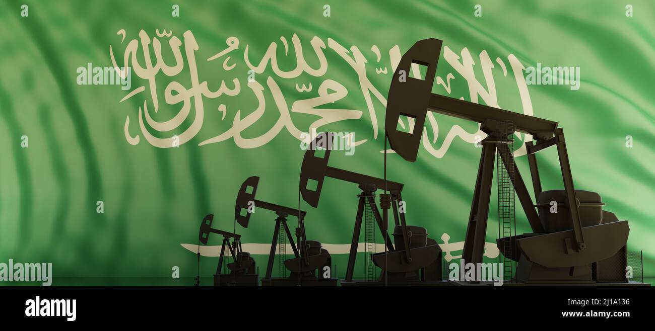 Oil and gas production in Saudi Arabia. Pumpjack drilling on flag ...