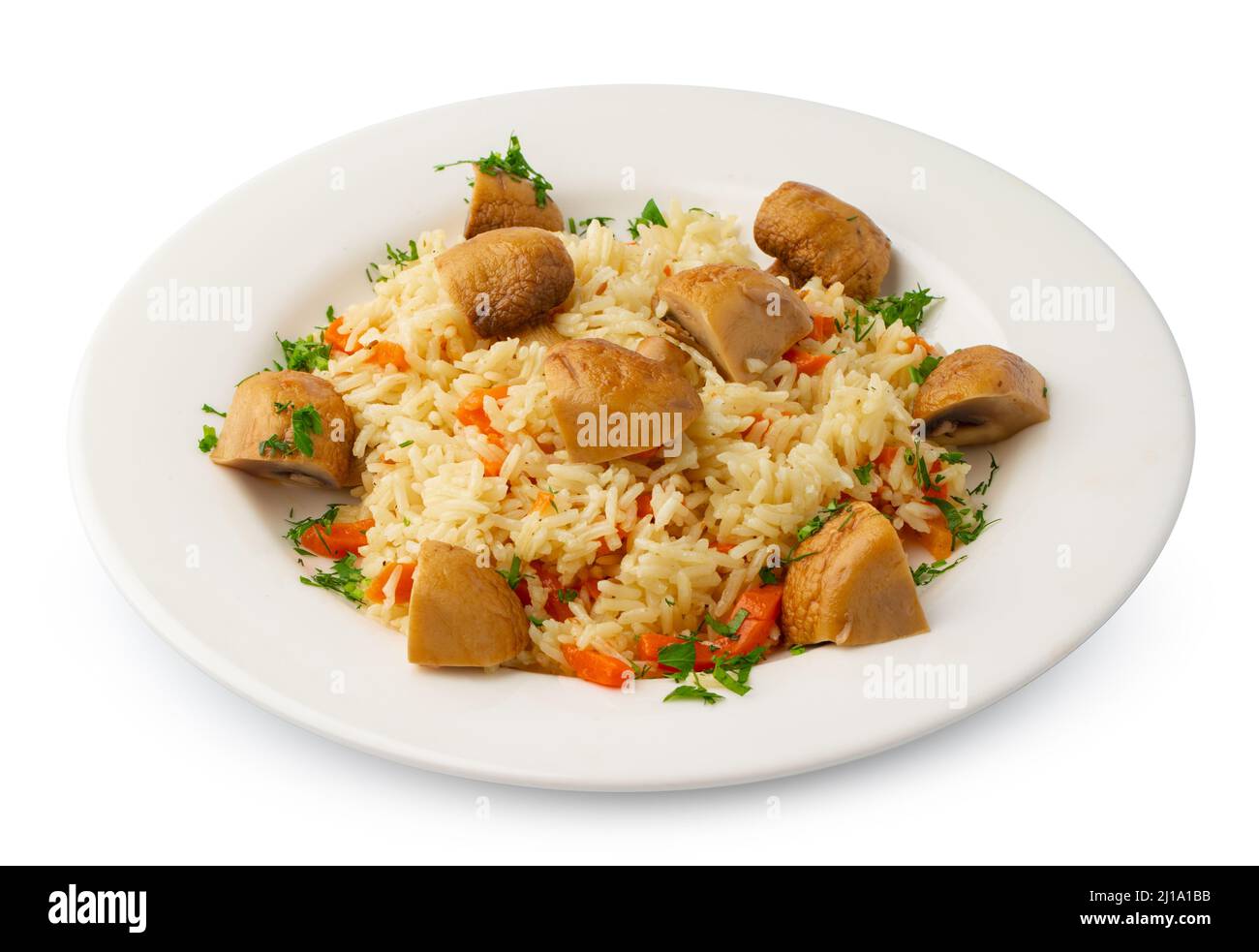Plate with rice and meat on white background Stock Photo - Alamy