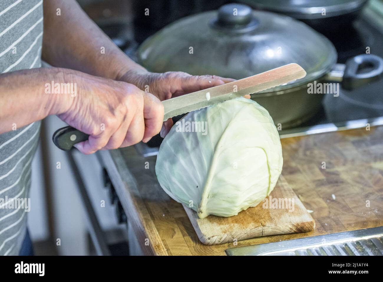 Old woman granny cutting a white cabbage in the kitchen with knife and ...