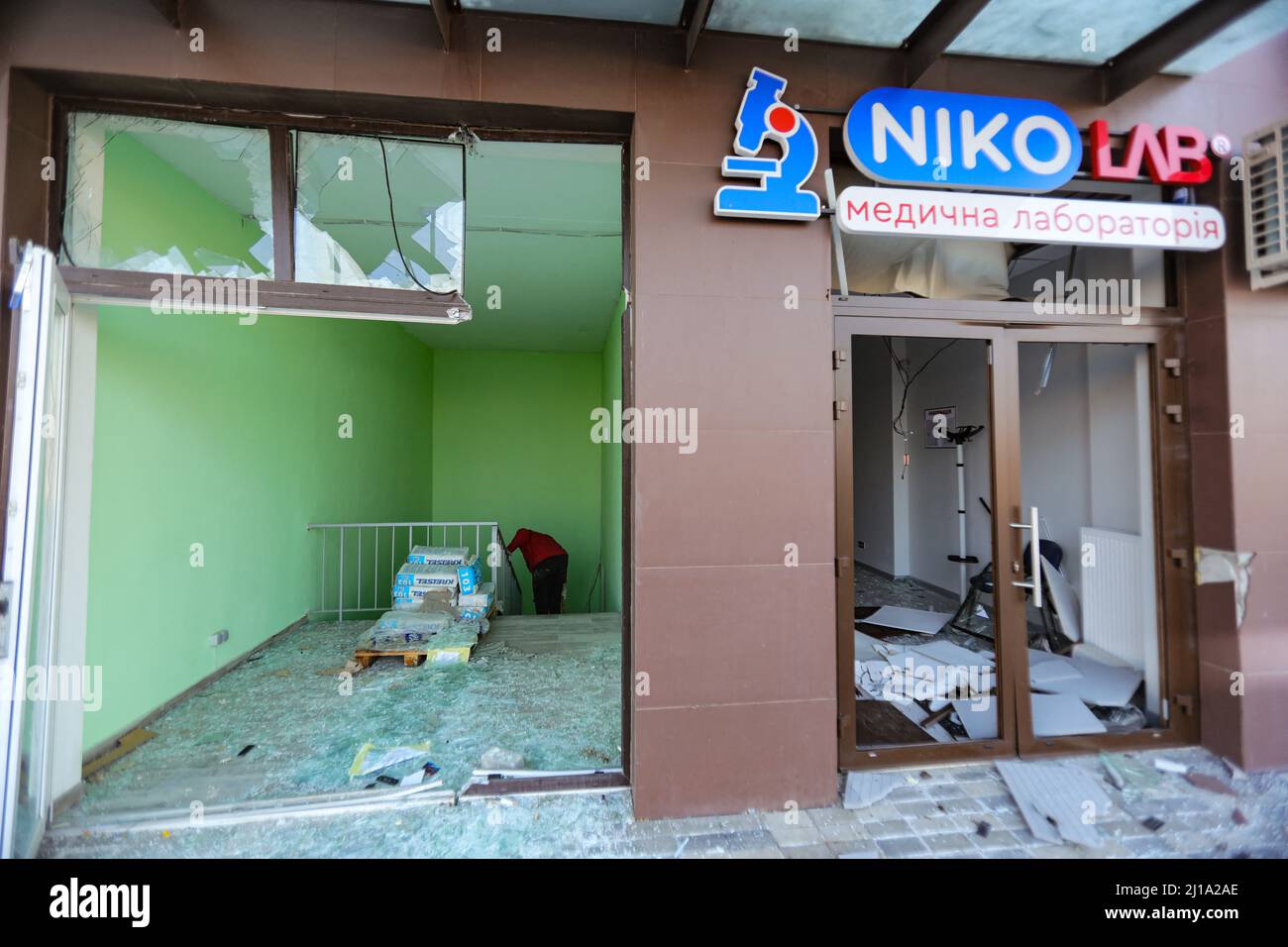 A medical laboratory shows damage caused by a shock wave after a missile strike carried by ...