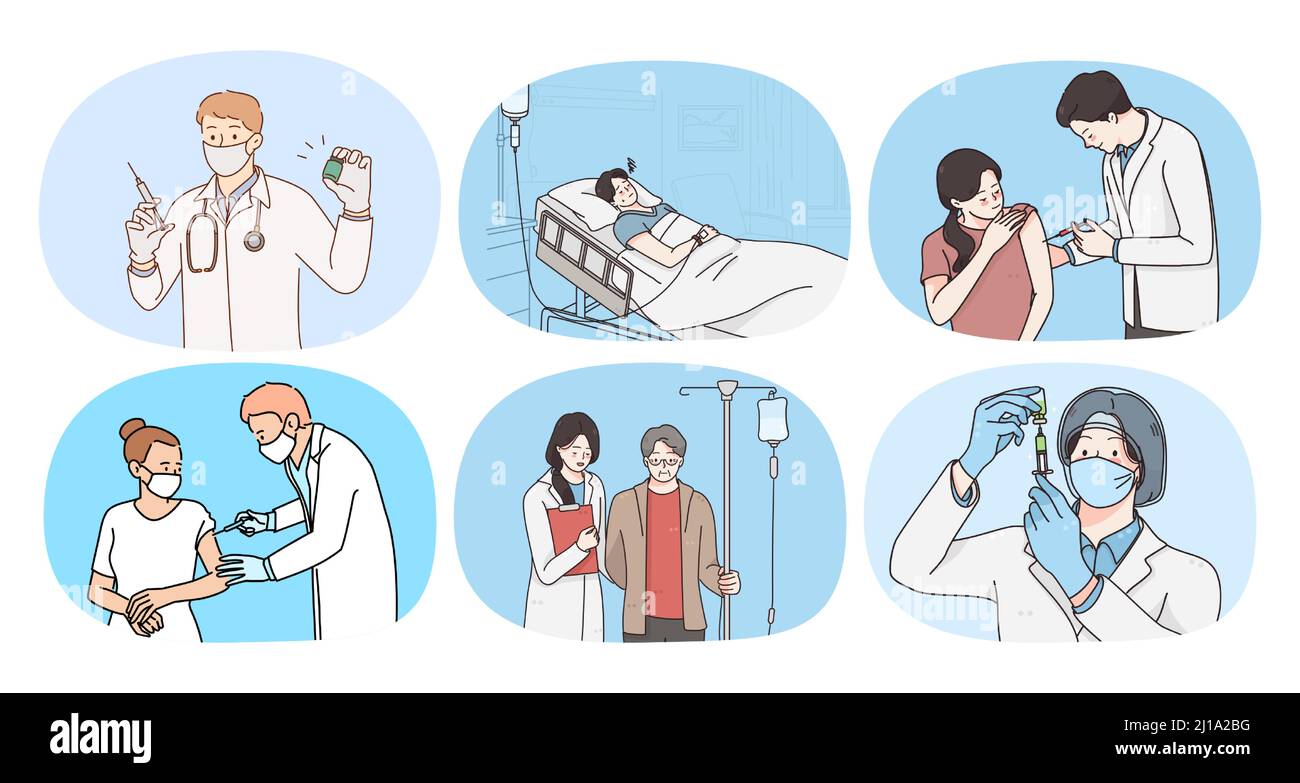 Collection of doctors cure help patients in medical institution. Set of ...