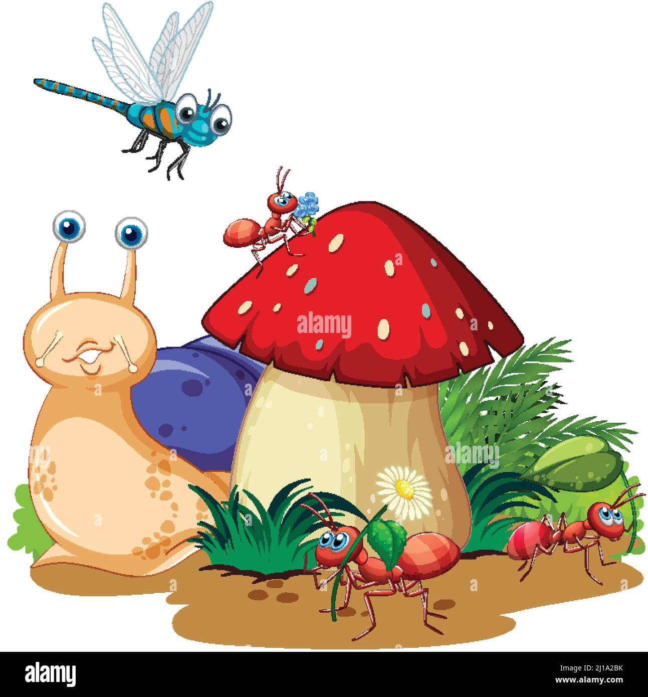 Cute snail and insects in cartoon style illustration Stock Vector Image ...