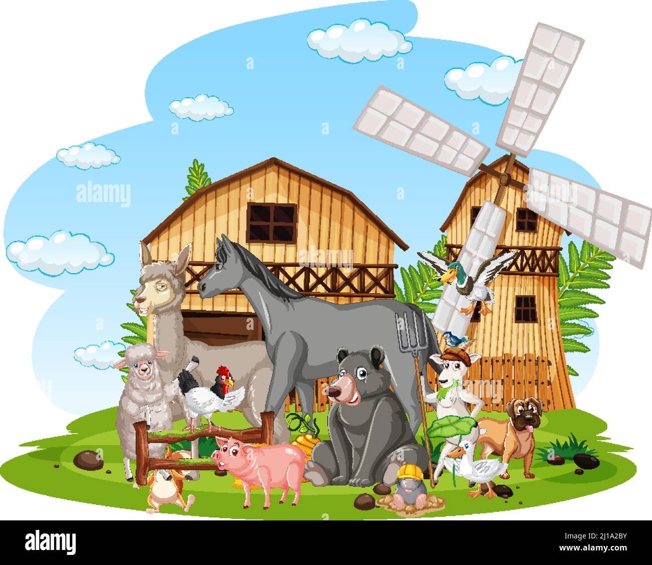 Scene with farm animals by the barn illustration Stock Vector Image ...