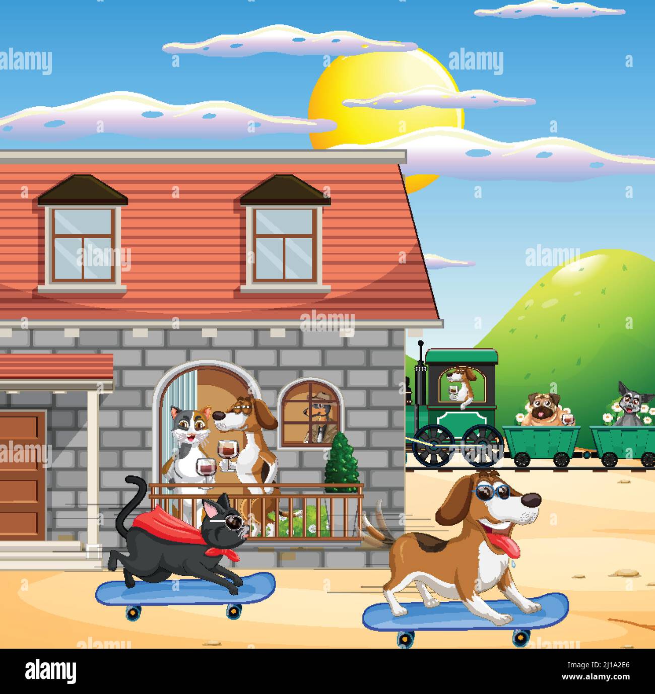 Outdoor scene with domestic animals cartoon character illustration ...