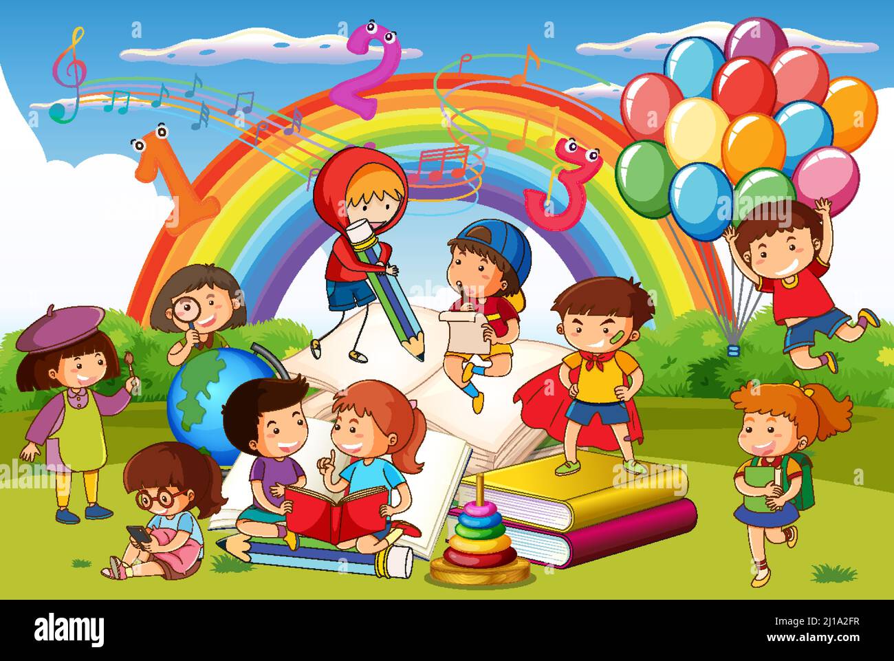 A children are reading books on a stack of books in garden scene ...