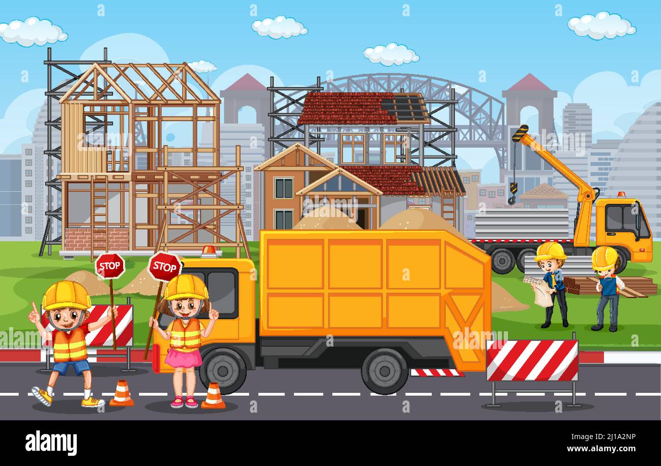 Building construction site and workers illustration Stock Vector Image ...