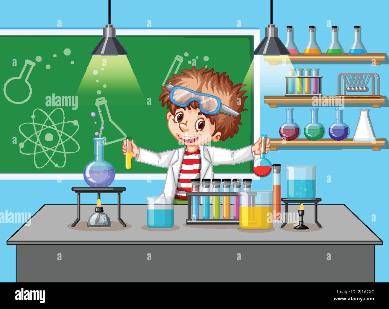 Scientist boy in laboratory room background illustration Stock Vector ...