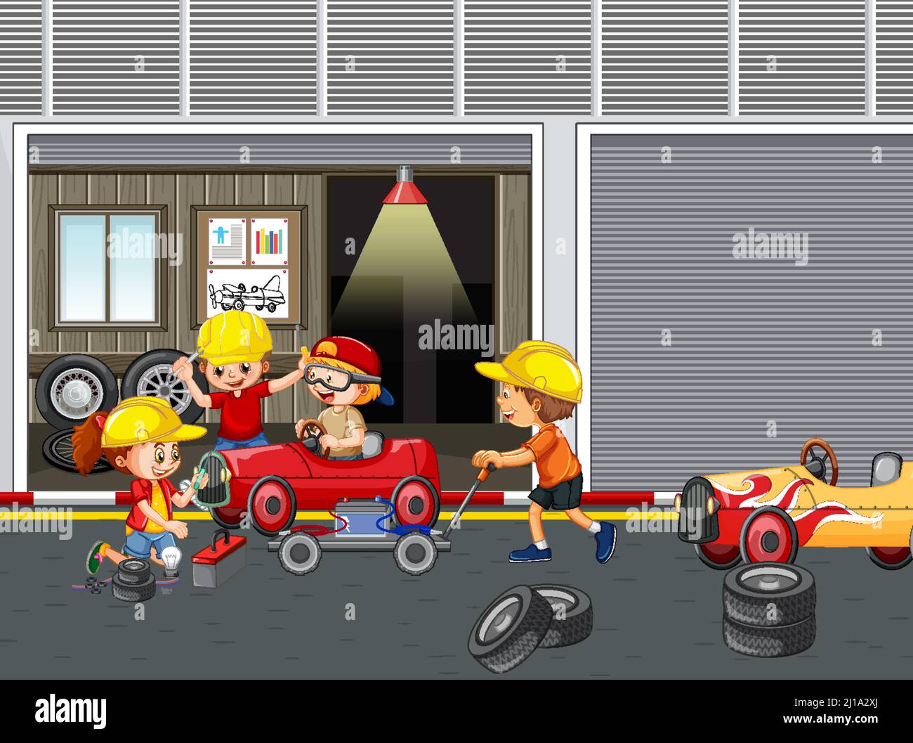 Children repairing a car together in the garage illustration Stock ...