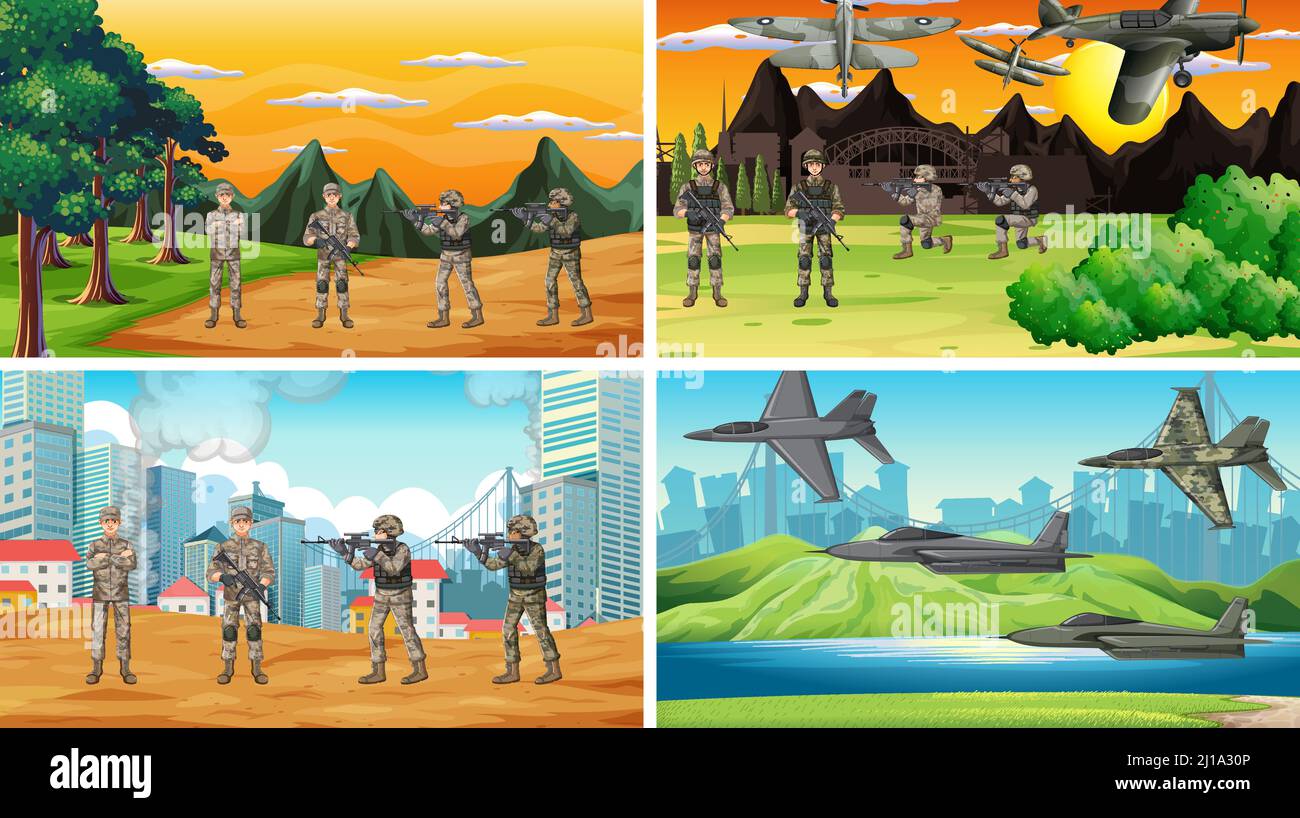 Set of different army war scenes illustration Stock Vector Image & Art ...