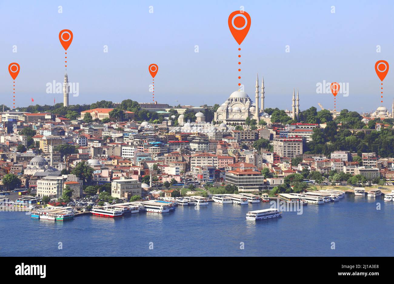 Network connection concept. Aerial view on Istanbul with location pin ...